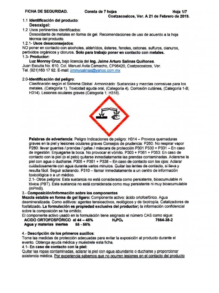 Desoxigel MSDS 2019 | PDF