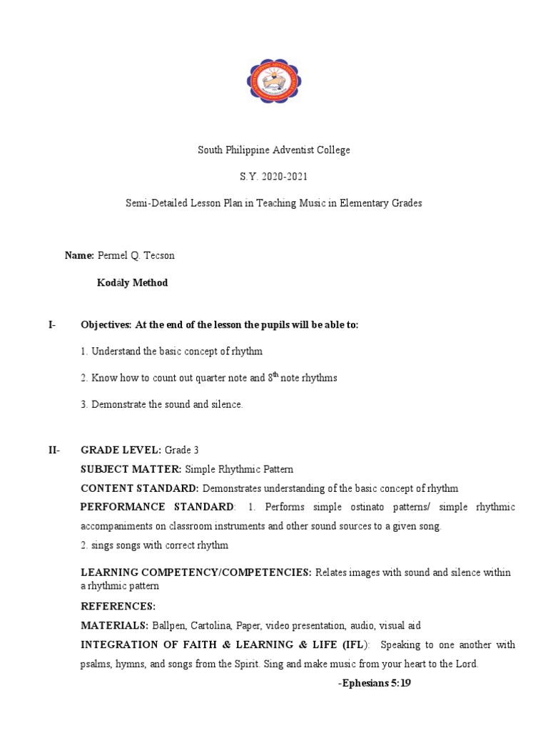 Semi Detailed Lesson Plan Kodaly Method | PDF | Rhythm | Communication
