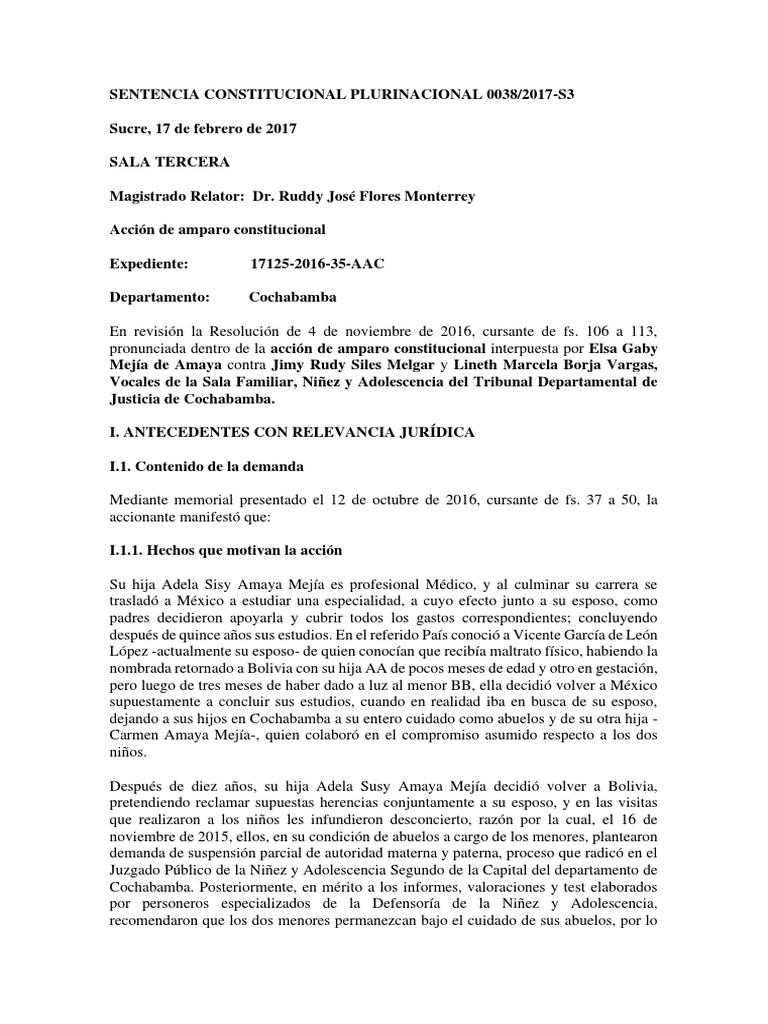 Tutela de Menores en SCP 0038/2017-S3 | PDF | Debido al proceso ...