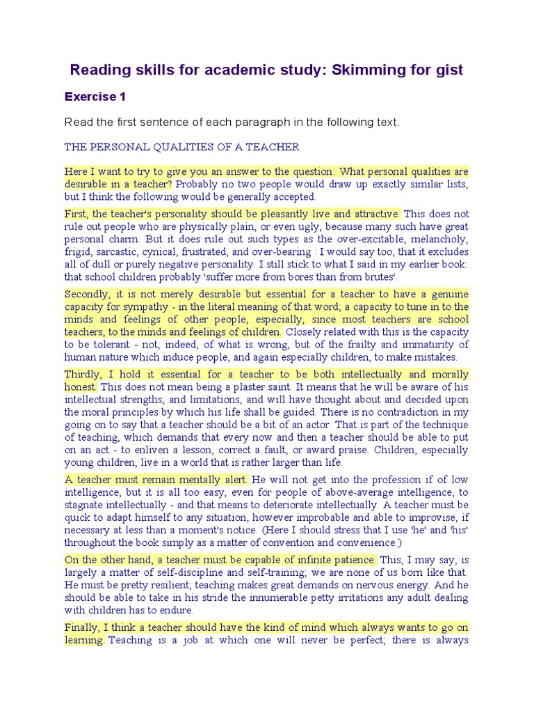 Reading Skills For Academic Study: Skimming For Gist: Exercise 1 | PDF | Teachers | Cognition