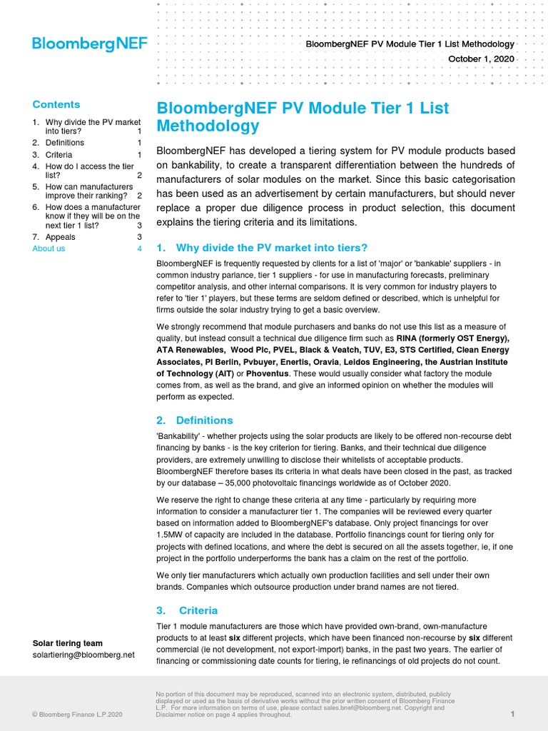 BNEF PV Module Tier 1 List Methodology | PDF | Bloomberg L.P. | Limited Partnership