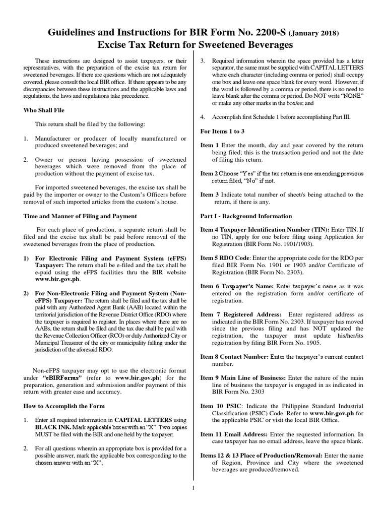 Guidelines and Instructions For BIR Form No. 2200-S Excise Tax Return ...