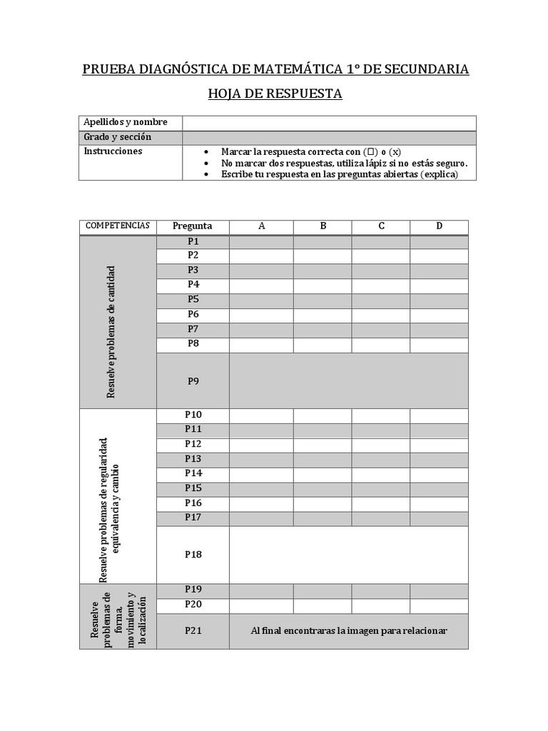 Prueba Diagnóstica Matemáticas 1° Secundaria | PDF