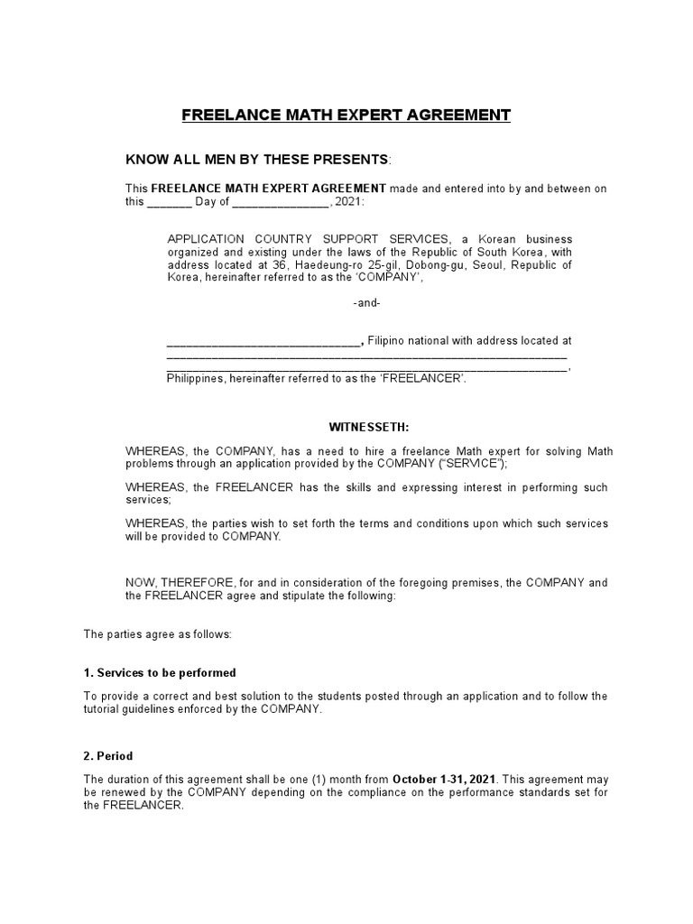 Freelance Math Expert Agreement: Know All Men by These Presents | PDF ...
