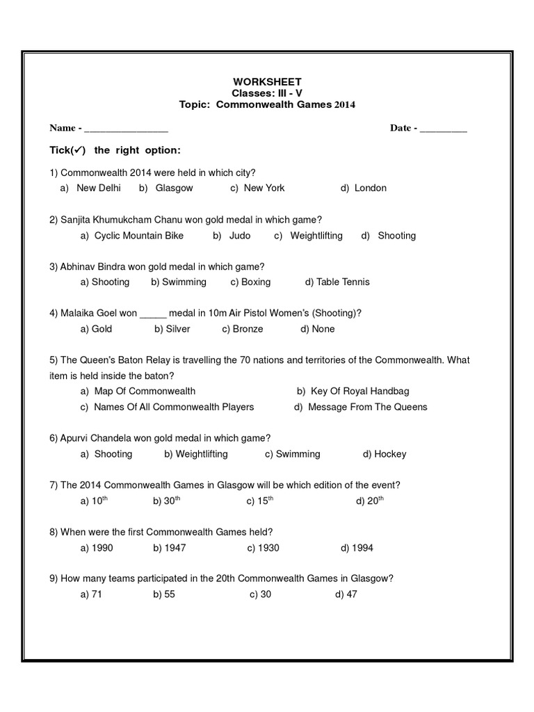 CBSE Class 5 GK Worksheet (3) - Commonwealth Games | PDF | Commonwealth ...