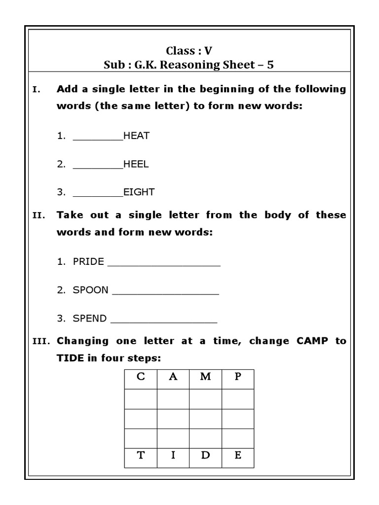 GK Reasoning Sheet - Analyzing Patterns in Words, Numbers, and Analogies | PDF