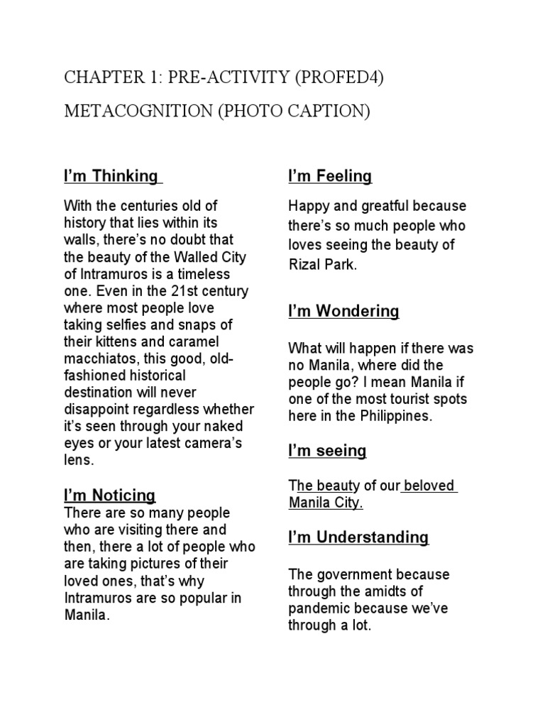 Chapter 1: Pre-Activity (Profed4) Metacognition (Photo Caption) | PDF