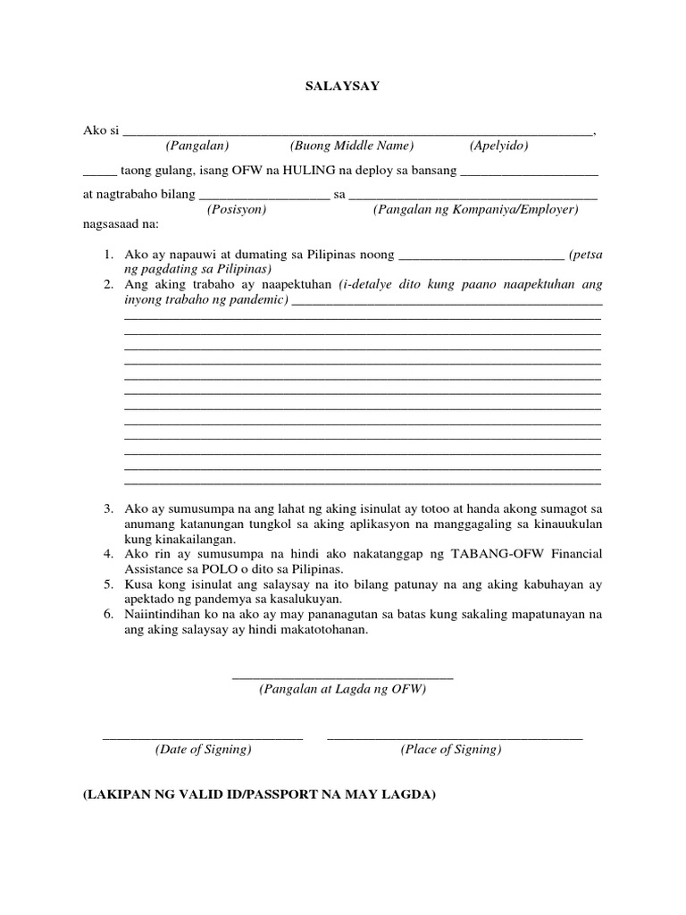 Tabang OFW Salaysay Form | PDF