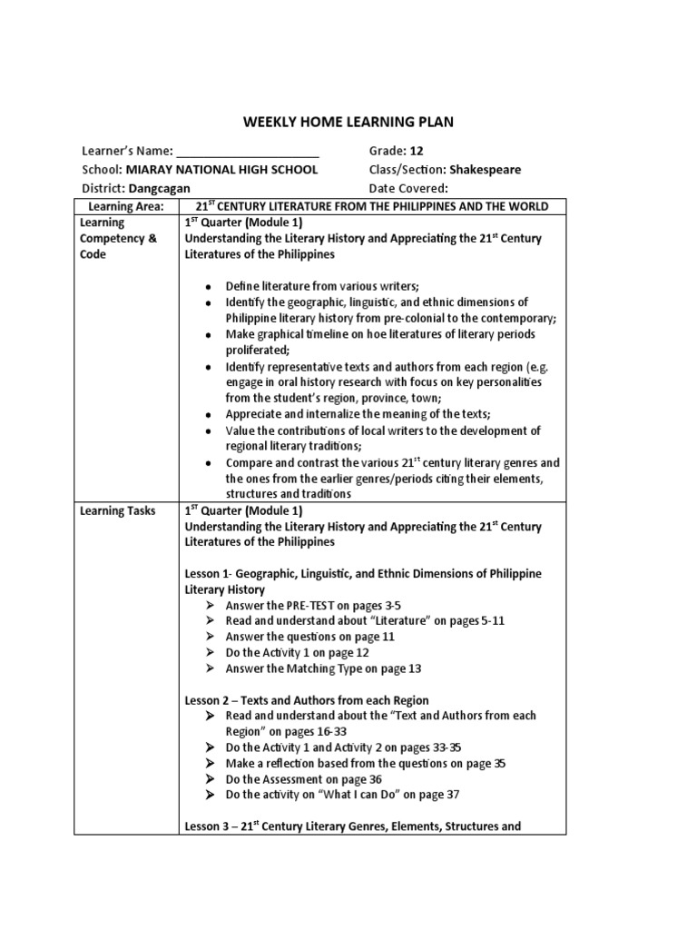 Weekly Home Learning Plan 2 | PDF | Learning | Genre