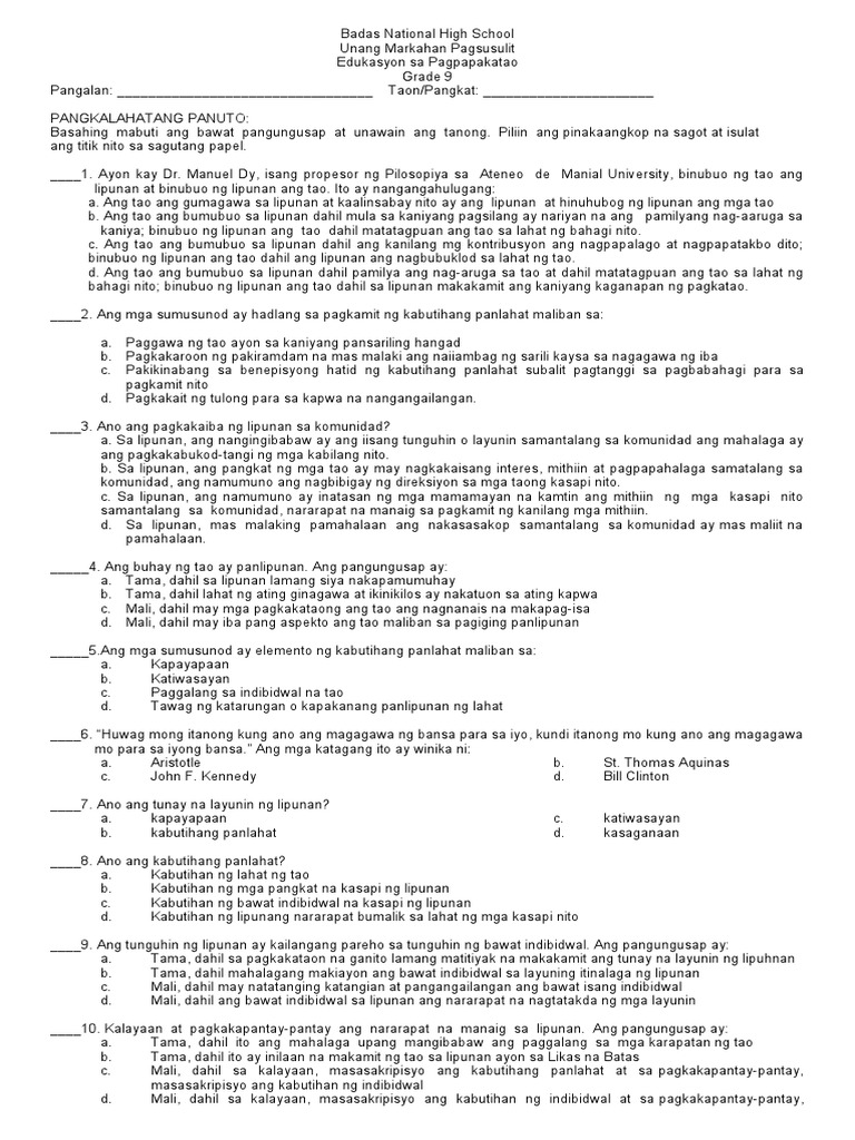 Esp 9 1st Quarter TQ | PDF
