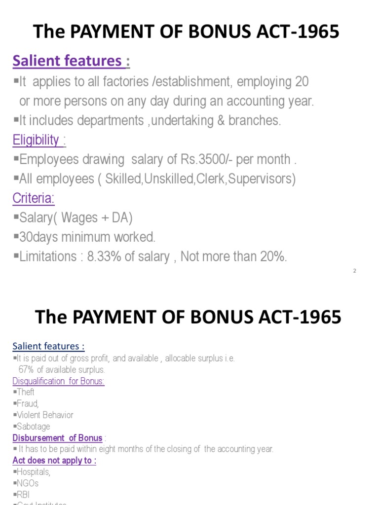 The Payment of Bonus Act 1965 Salient Features 4 PDF Free | PDF