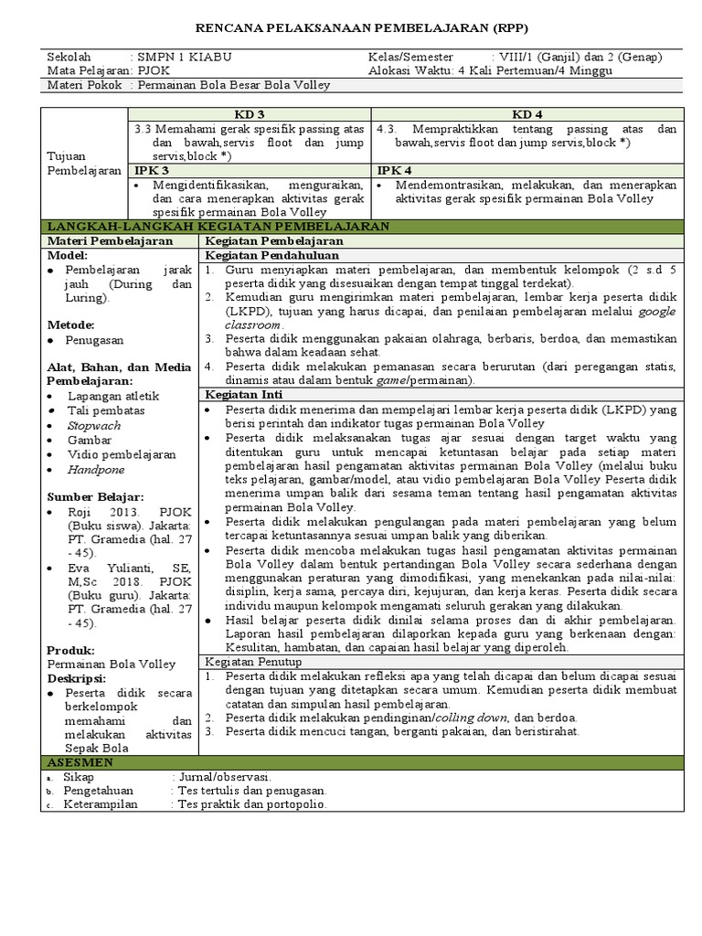 RPP PJOK KELAS 8 Bola Volly | PDF