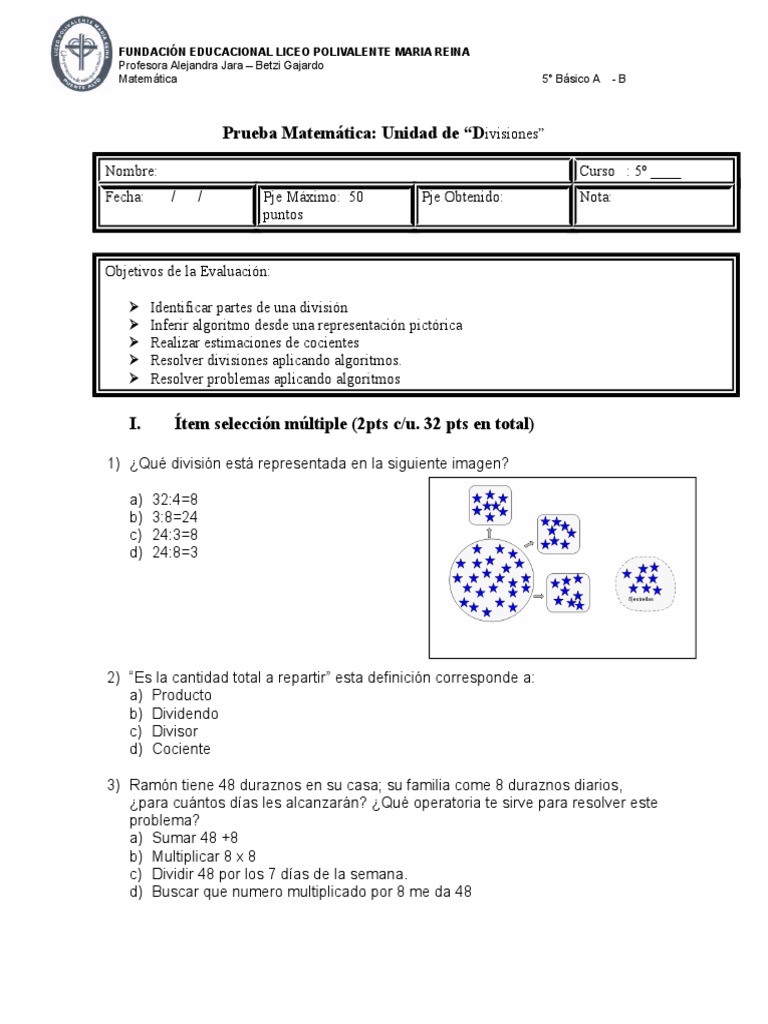 Prueba de Divisiones 5° Básico | PDF | División (Matemáticas ...
