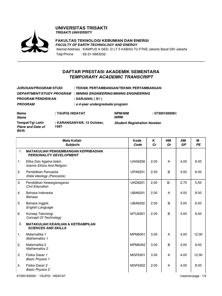 Universitas Trisakti: Temporary Academic Transcript | PDF | Mining | Nature