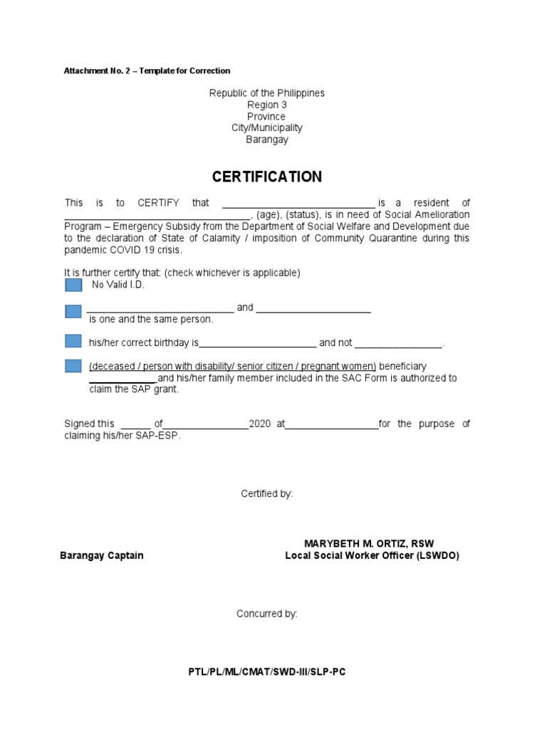 Template Barangay Certification | PDF