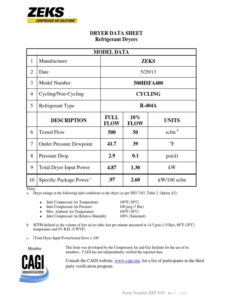 Dryer Data Sheet Refrigerant Dryers Model Data Zeks | PDF | Gas ...