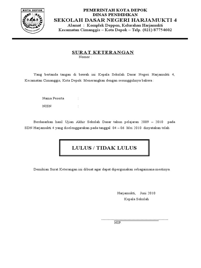 Surat Keterangan Tidak Lulus Sekolah | PDF