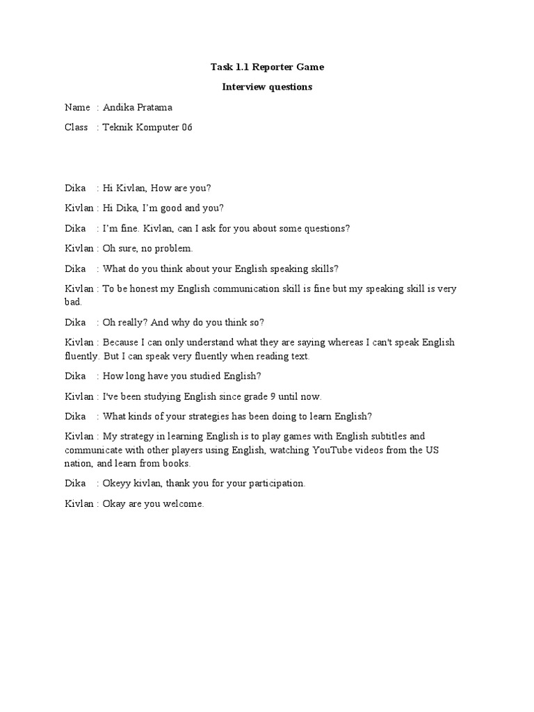 Task 1.1 Reporter Game Interview Questions | PDF