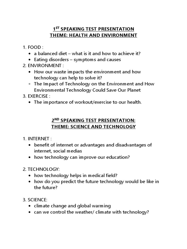 1 Speaking Test Presentation Theme: Health and Environment | PDF