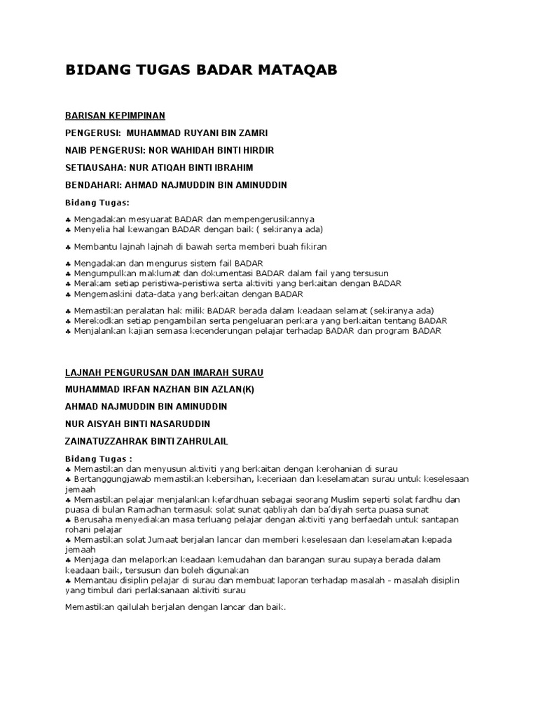 Bidang Tugas Badar Mataqab | PDF