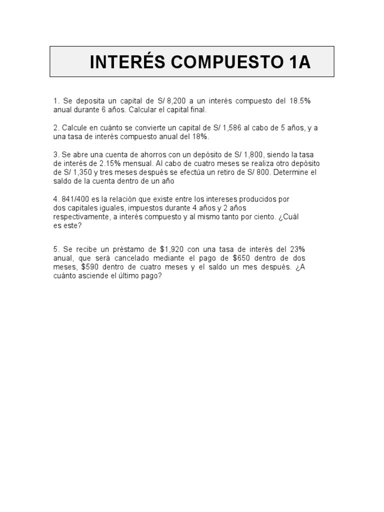 Unidad 02 Tema 02 Ejercicios Interés Compuesto 1A | PDF