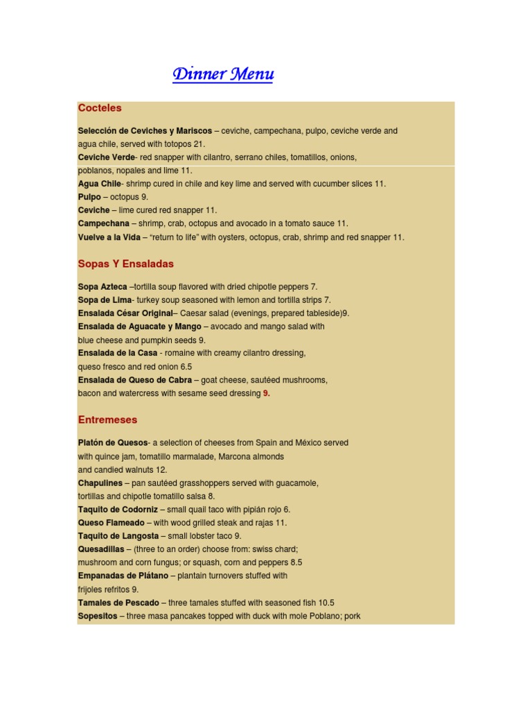 Dinner Menu | PDF | Food Ingredients | Foods