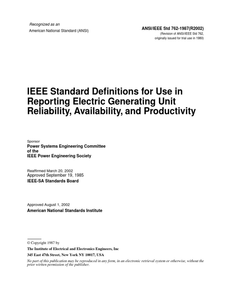 IEEE Standard Definitions For Use in Reporting Electric Generating Unit ...