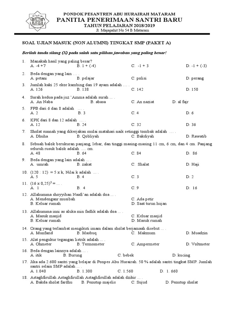 Soal PSB SMP 2018-2019 Non Alumni Ok | PDF
