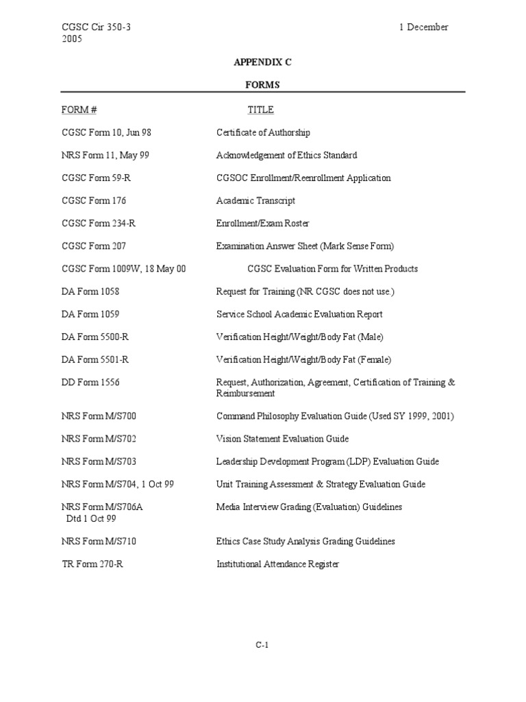 CGSC Cir 350 3 1 December 2005: Appendix C Forms | PDF | United States ...