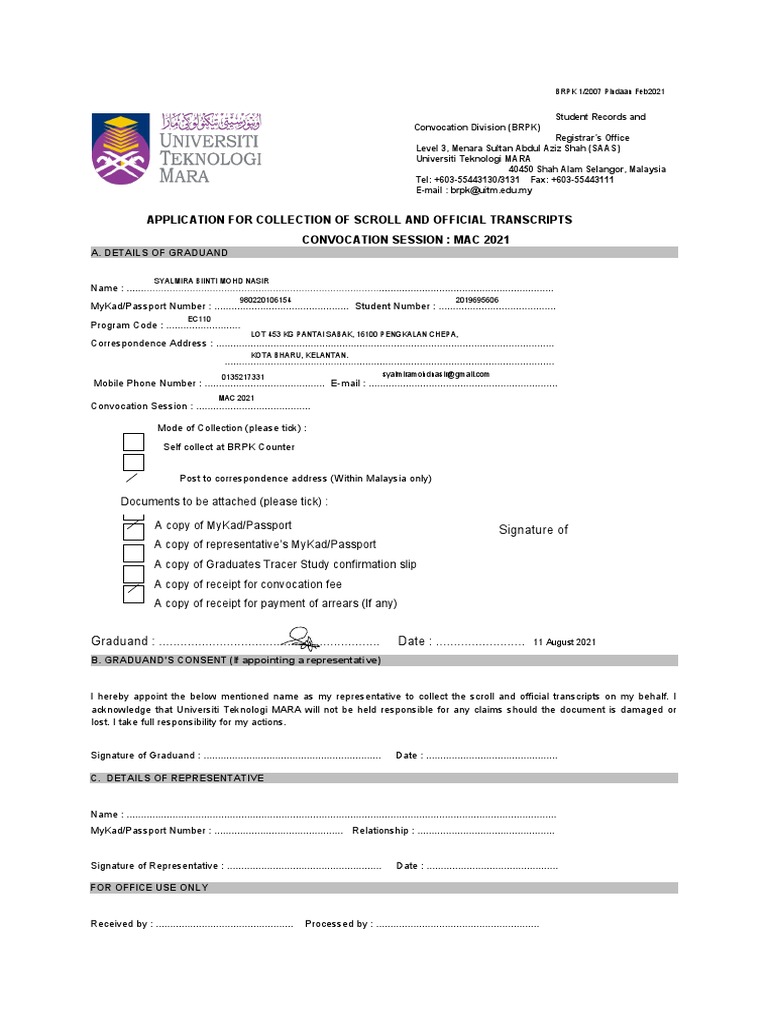 Application For Collection of Scroll and Official Transcripts ...