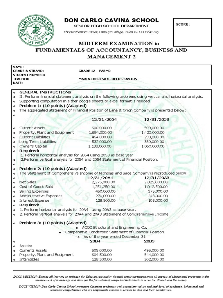 FABM MID TERMS Exam PERFORMANCE TASK | PDF | Balance Sheet | Income ...