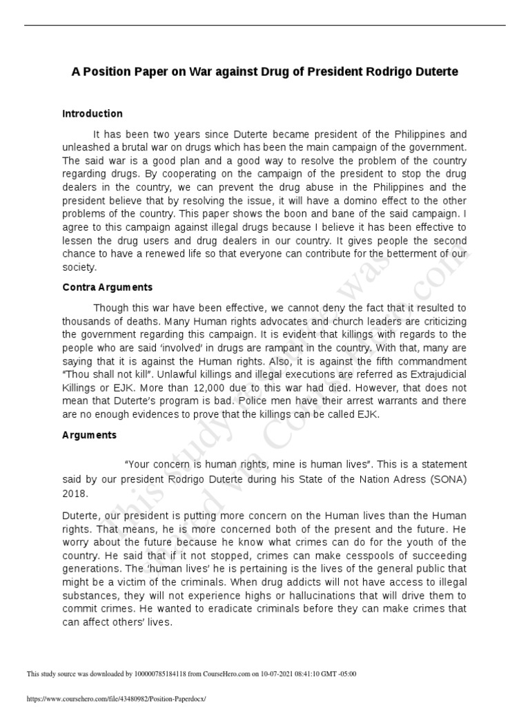 This Study Resource Was: A Position Paper On War Against Drug of ...