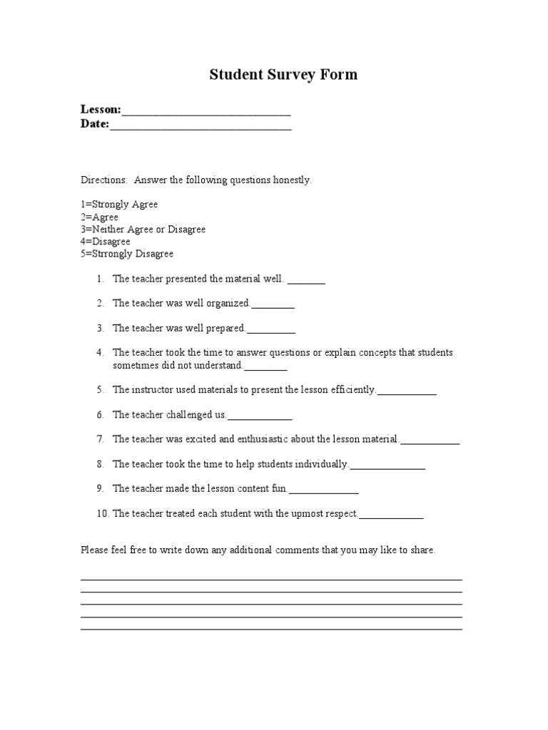 Student Survey Form: Lesson: - Date | PDF