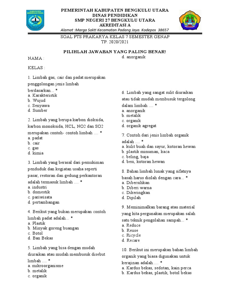 Soal PTS Prakarya Kelas 7 Sem 2 Ok | PDF | Griya & Taman