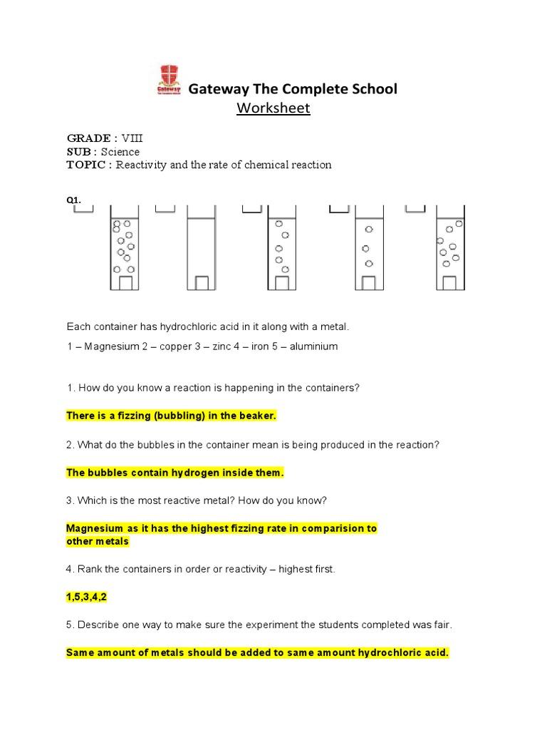 WORKSHEET - Reactivity & Rate of Chemical Reaction - ANSWER | PDF ...