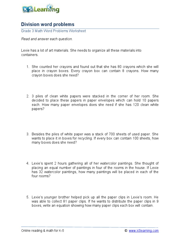 Division Word Problems: Read and Answer Each Question | PDF