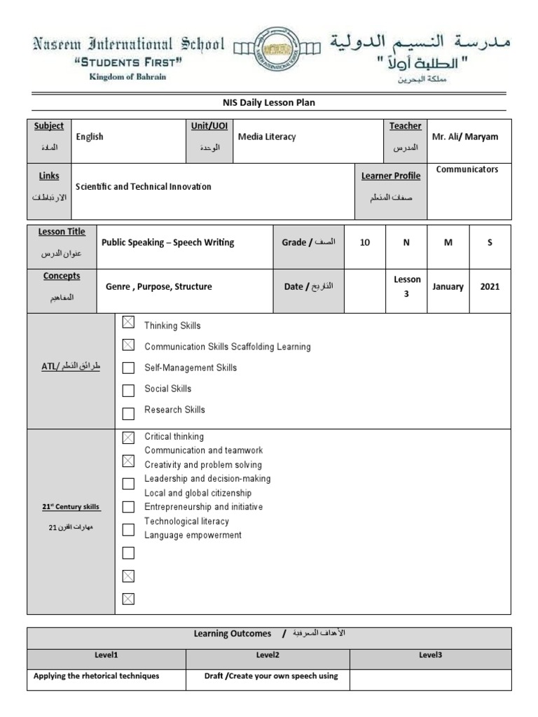 NIS Daily Lesson Plan: Subject Unit/UOI Teacher | PDF | Cognition ...