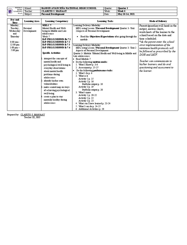 Weekly Personal Development Plan | PDF | Learning | Behavioural Sciences