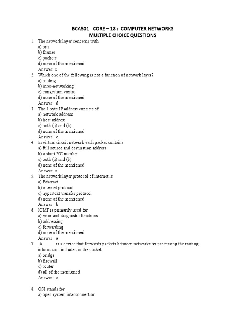 Bca501: Core - 18: Computer Networks Multiple Choice Questions | PDF | Osi Model | Computer Network