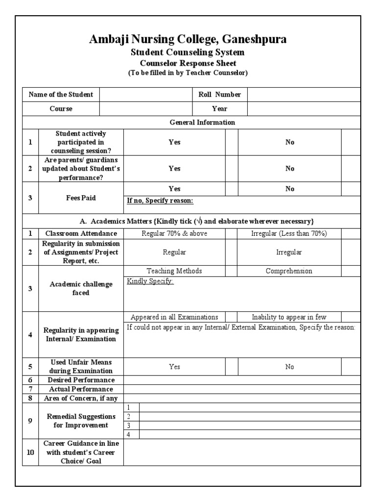 BSc Nursing Student Counseling Form | PDF | Temperament | School Counselor