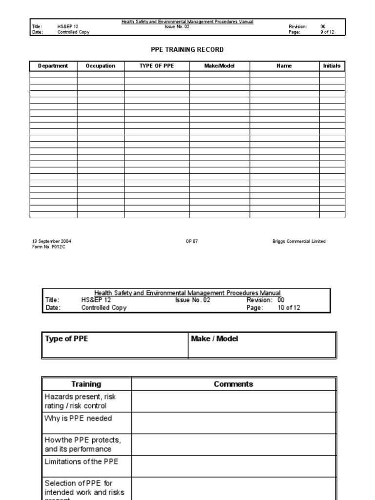 Ppe Training Record: Department Occupation Type of Ppe Make/Model Name ...