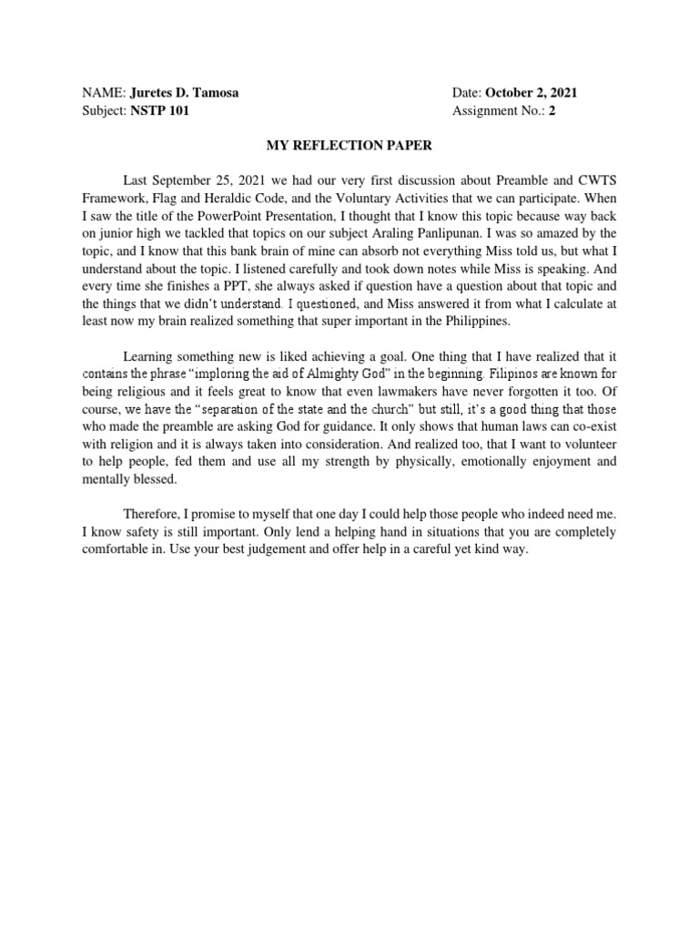 Reflection Paper Tamosa No.2 | PDF