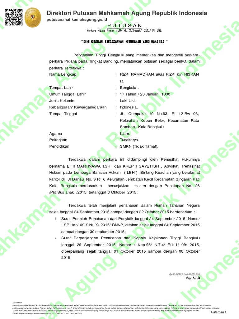 Putusan 60 Pid - Sus-Anak 2015 PT - BGL 20211012 | PDF