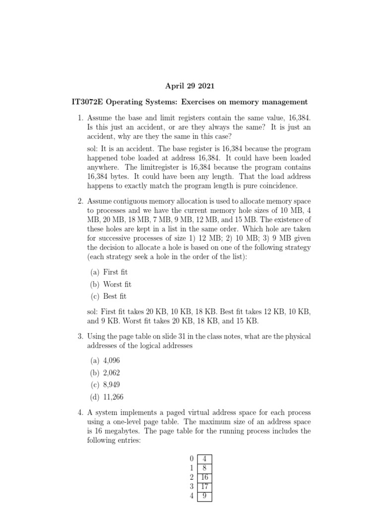 Solutions To Exercises On Memory Management | PDF | Computer Hardware ...