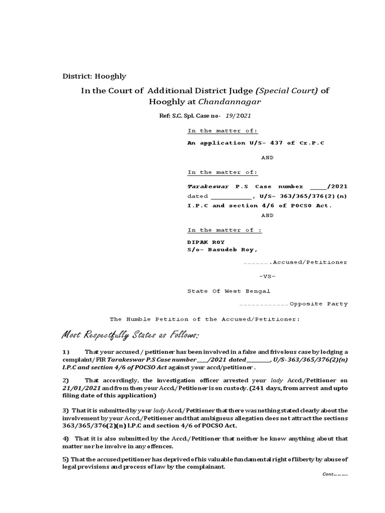 Dipak Roy - Bail Petution - POCSO - 437 CRPC - After 241 - 18-9-2021 ...