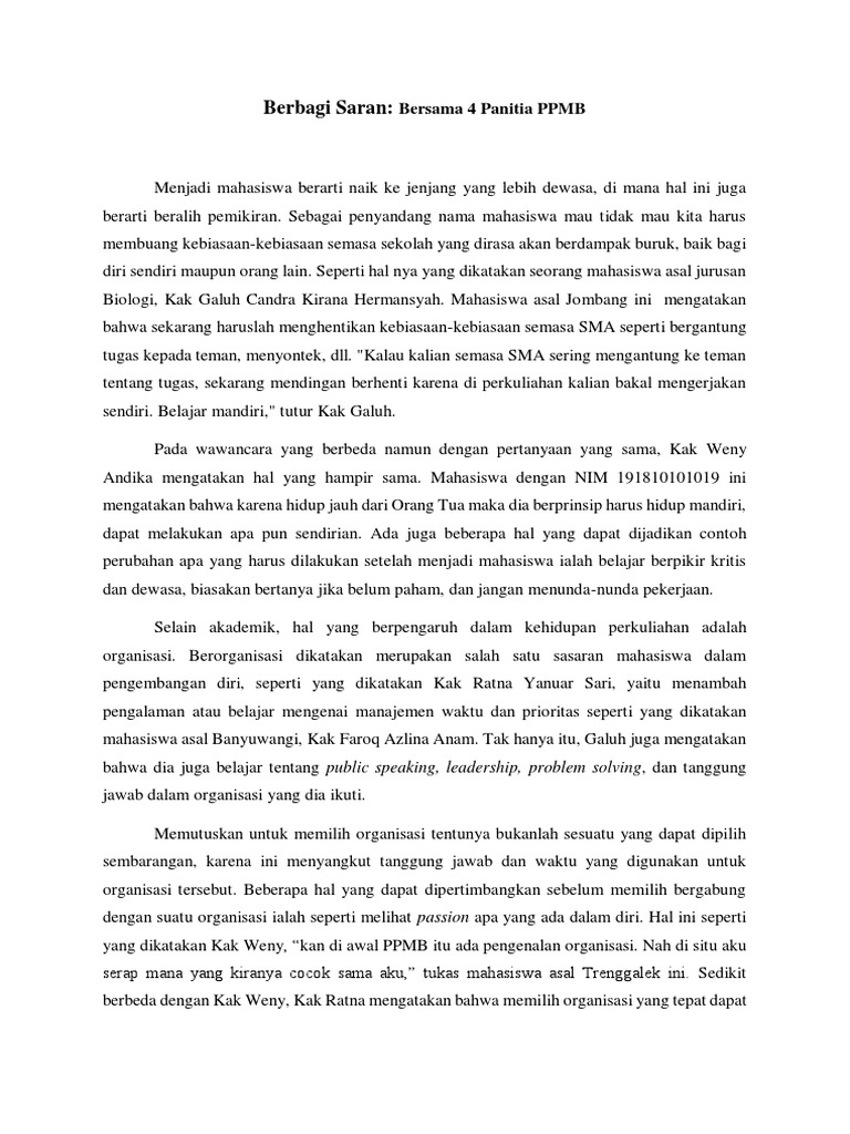 PPMB - Wawancara Kating First Week | PDF