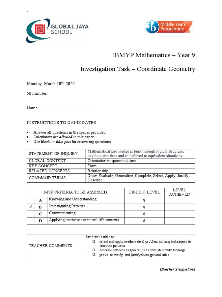 MYP Criterion B: Coordinate Geometry Task | PDF | Triangle | Mathematics