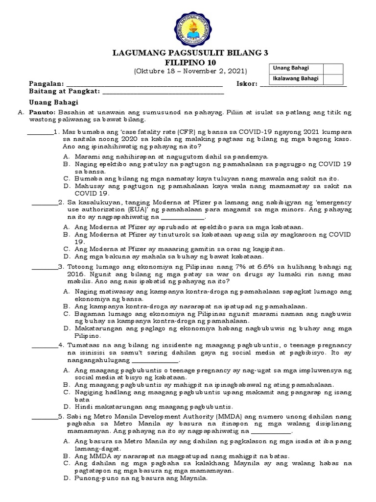 LAGUMANG PAGSUSULIT BILANG 1 (Grade 10) | PDF
