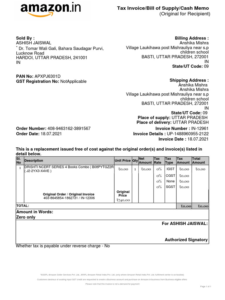 Tax Invoice/Bill of Supply/Cash Memo: (Original For Recipient) | PDF ...