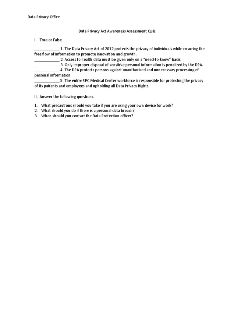 Data Privacy Act Awareness Assessment Quiz | PDF